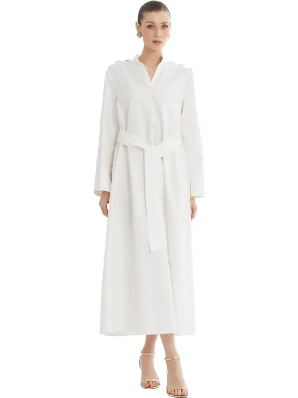 GIZIA Ecru Midi Dress With Button Detail And Beaded Belt - Beige