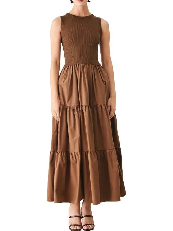 FREEMARKET Mixed Media Maxi Dress With Ribbed Bodice And Tiered Skirt - Brown