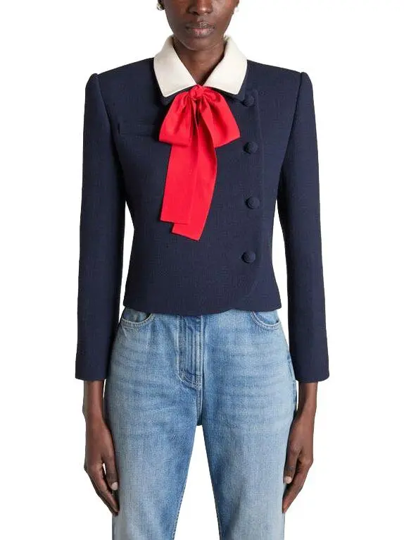 Valentino Garavani Layered Collar & Bow Wool Crepe Jacket - Navy Multi