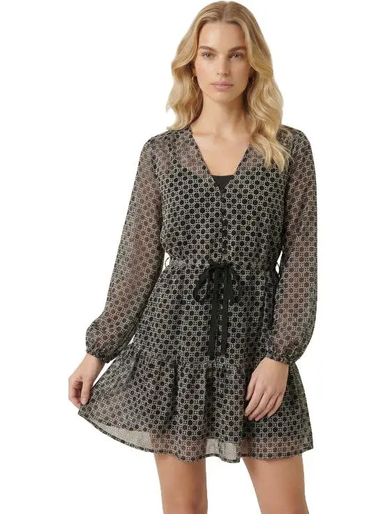 MODENAIRE V-neck Tie Waist Embroidered Lace Dress - Black