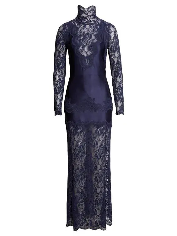 Rabanne Long Sleeve Lace & Jersey Turtleneck Dress - Deep Navy