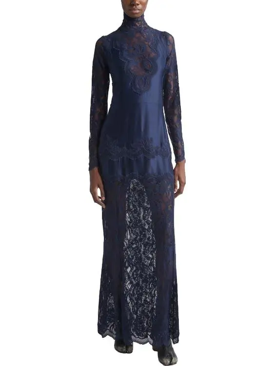 Rabanne Long Sleeve Lace And Jersey Turtleneck Maxi Dress - Deep Navy