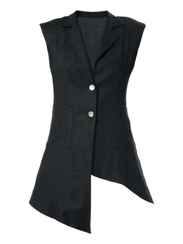 METAMORPHOZA Asymmetrical Buttoned Linen Blend Top - Black