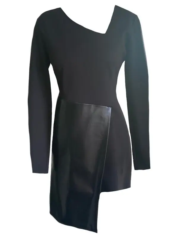 MIRIMALIST Asymmetrical Leather Detail Sweatshirt Mini Dress - Black
