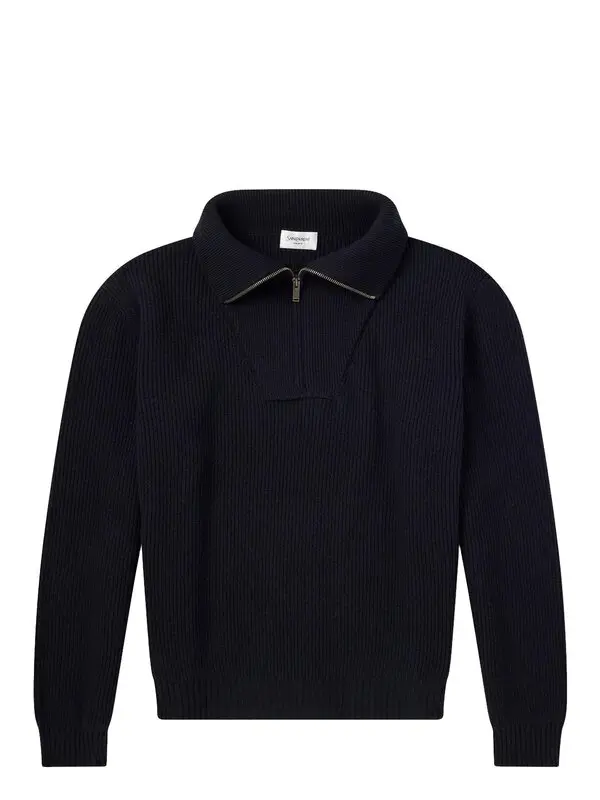 Saint Laurent Ribbed Wool Quarter Zip Sweater - Black