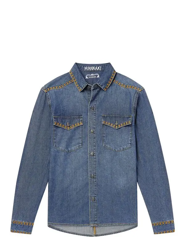 MANAAKI Tukutuku Embroidered Denim Shirt - Blue