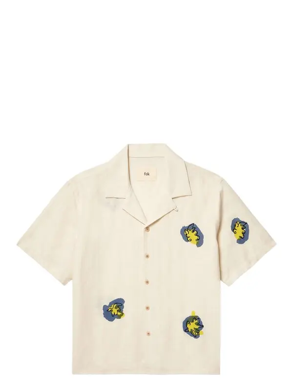 Folk Camp-collar Printed Embroidered Linen And Cotton-blend Shirt - Ecru