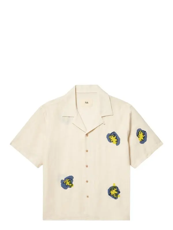 Folk Camp-collar Printed Embroidered Linen And Cotton-blend Shirt - Neutrals