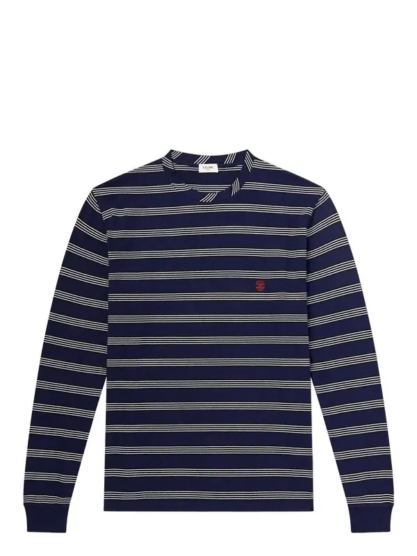 Celine Triomphe-embroidered Striped Cotton-jersey T-shirt - Navy