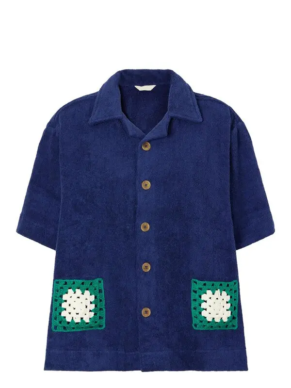 TERRY PUESTO Boxy Crochet-trimmed Organic Cotton-terry Shirt - Blue