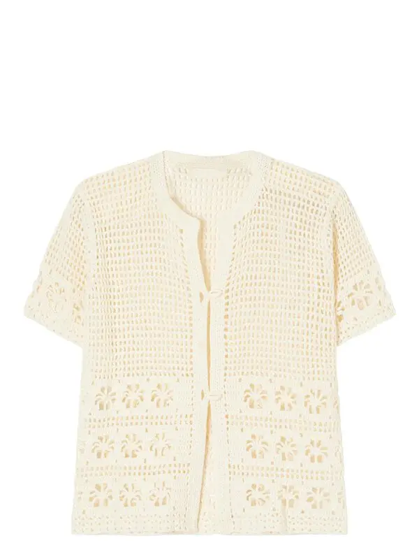 TERRY PUESTO Crocheted Organic Cotton Short Sleeve Blouse - Neutrals
