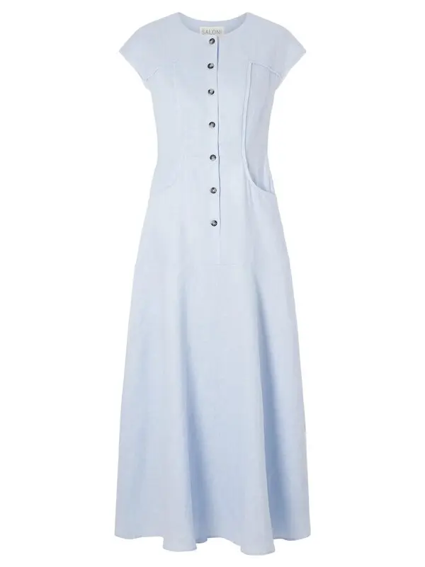 Saloni Sierra Linen Midi Dress - Blue
