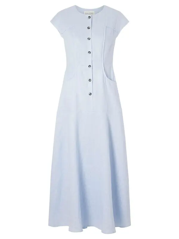 Saloni Sierra Linen Midi Dress - Light Blue