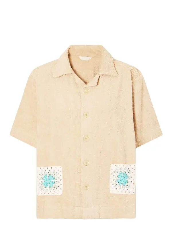 TERRY PUESTO Boxy Organic Cotton Terry Shirt With Crochet Trim - Beige