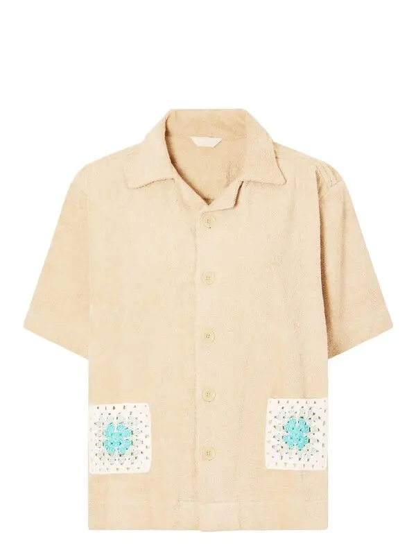 TERRY PUESTO Boxy Organic Cotton Terry Shirt With Crochet Trim - Neutrals