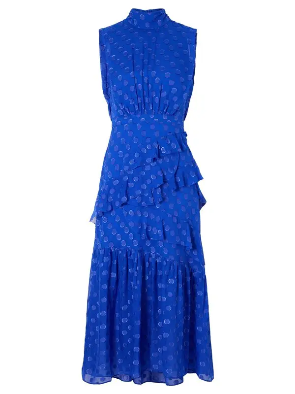 Saloni Fleur Polka-dot Ruffled Silk-blend Midi Dress - Blue