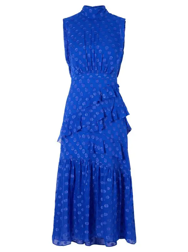 Saloni Fleur Polka Dot Ruffled Silk-blend Crepe De Chine Midi Dress - Blue