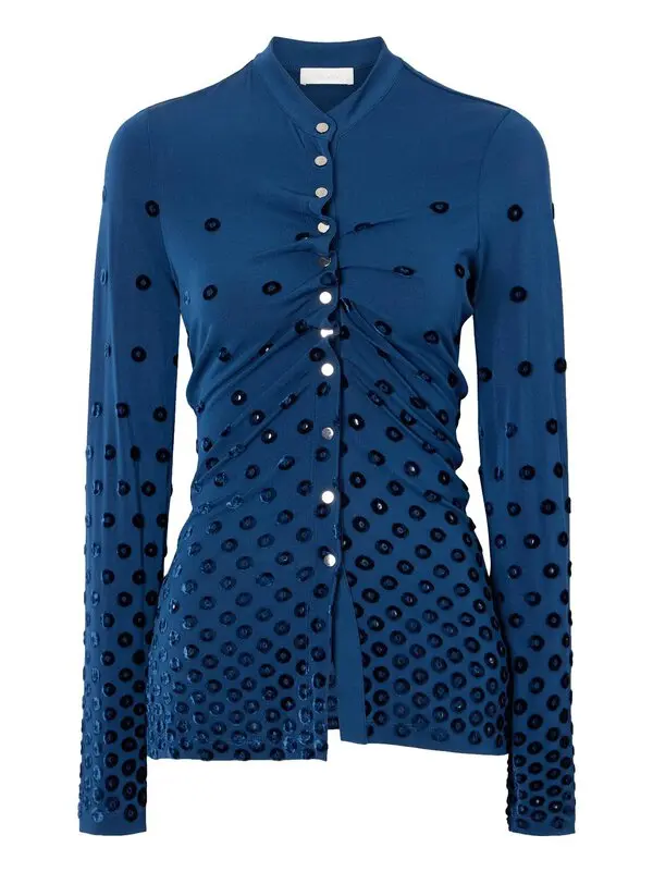 Rabanne Gathered Flocked Jersey Blouse - Blue