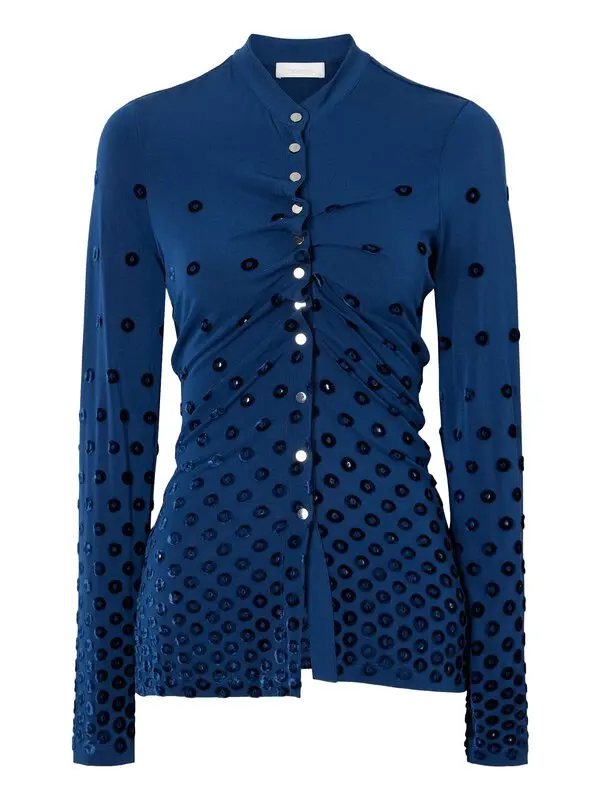 Rabanne Gathered Flocked Jersey Blouse - Navy