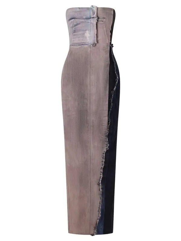 Rick Owens Distressed Paneled Stretch-denim Maxi Dress - Gray