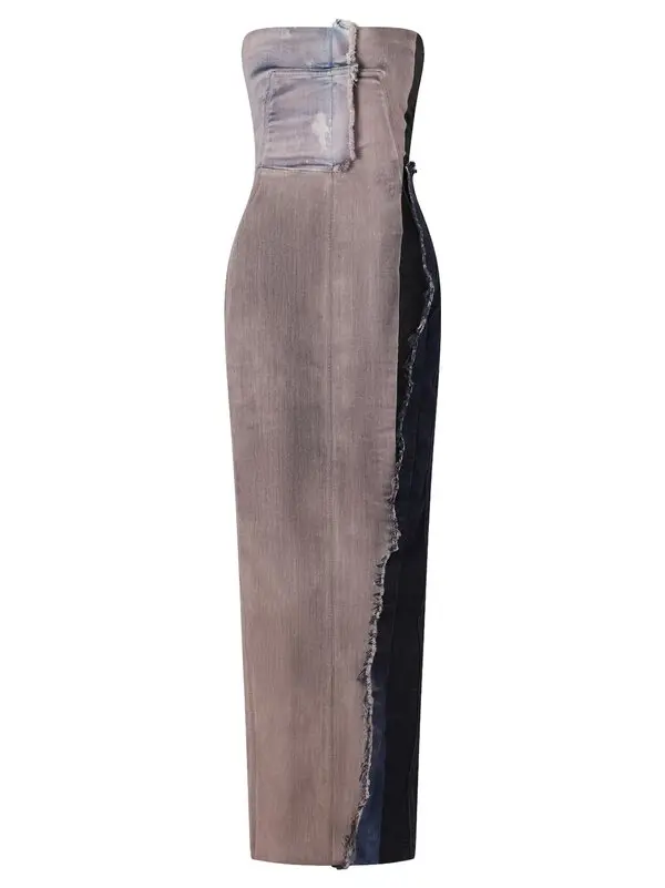 Rick Owens Distressed Paneled Stretch-denim Maxi Dress - Gray