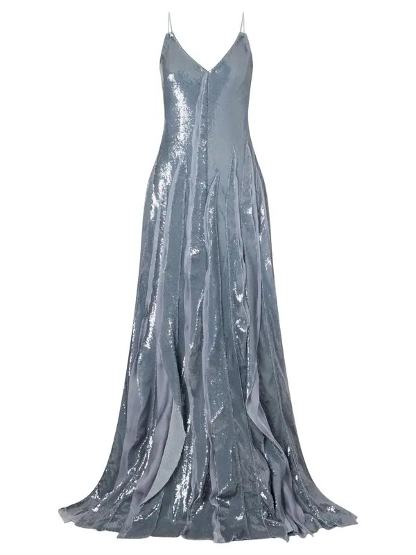 MARMAR HALIM Pleated Sequined Chiffon Gown - Light Blue
