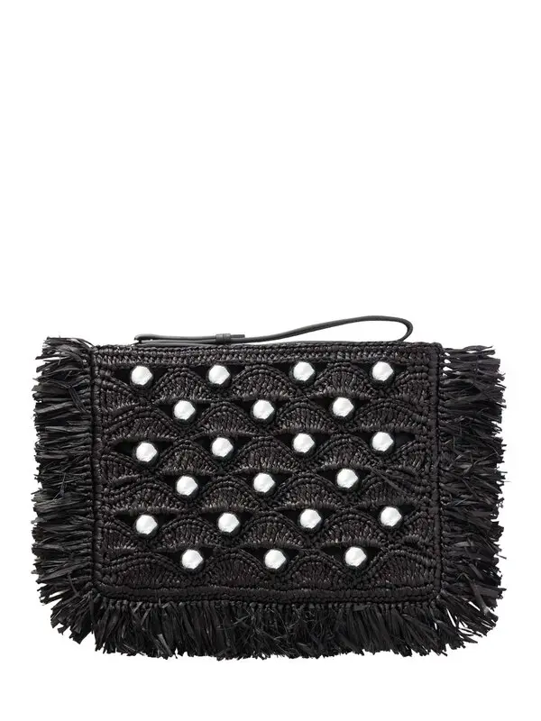 Rabanne Fringed Studded Raffia Clutch - Black