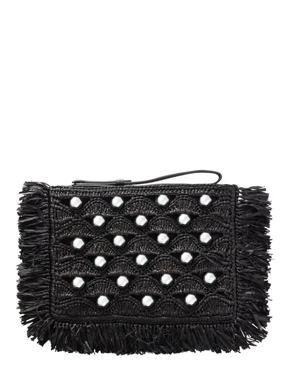 Rabanne Fringed Studded Raffia Clutch - Black