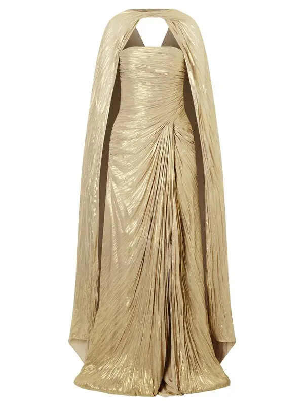 MARMAR HALIM Cape-effect Plissé Metallic-satin Gown - Gold