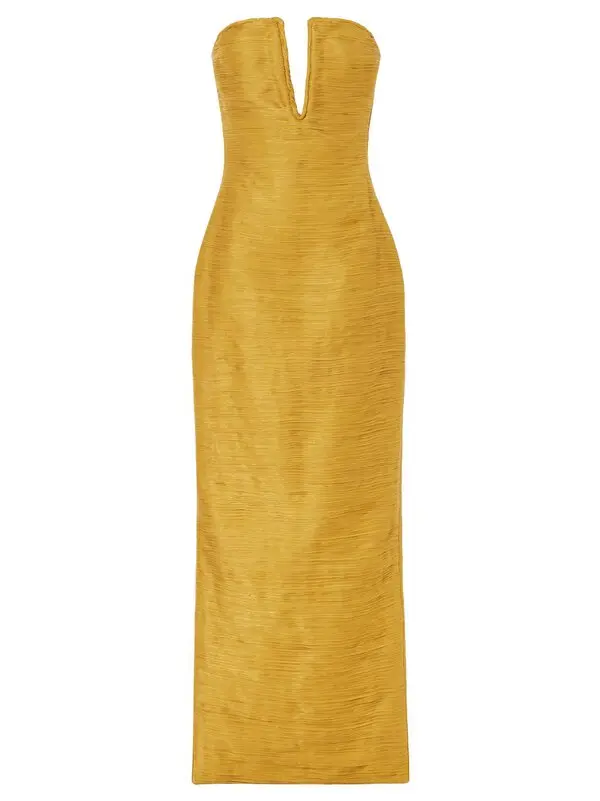 MARMAR HALIM Cape Effect Plissé Satin Gown - Yellow