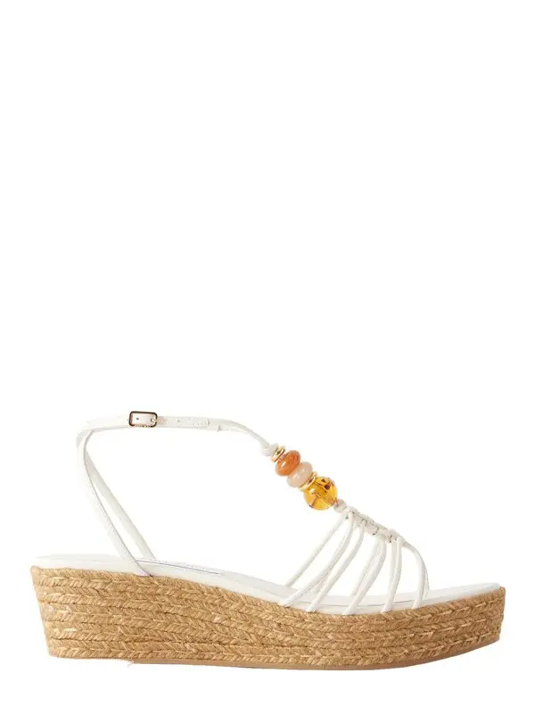 JIMMY CHOO Lemi 50 Bead-embellished Leather Wedge Sandals - Neutrals