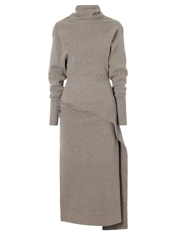 LANVIN Embellished Turtleneck Midi Dress - Brown