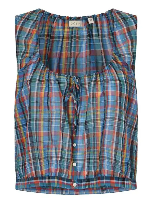 DÔEN Gathered Checked Organic Cotton-voile Top - Blue