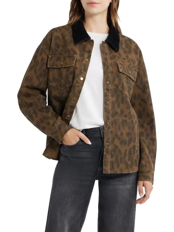 THREAD & SUPPLY Leopard Print Cotton Denim Shacket With Corduroy Collar - Brown Leopard