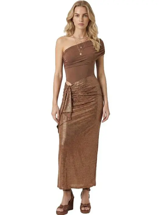 MODENAIRE One-shoulder Ruched Maxi Dress With Metallic Skirt - Bronze