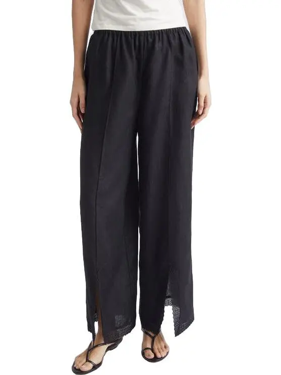 Posse Alfie Lace Trim Wide Leg Linen Pants - Black