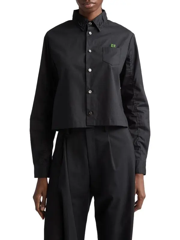 Undercover Boxy Cropped Shirt With Ruched Sleeves And Beaded Logo - Black
