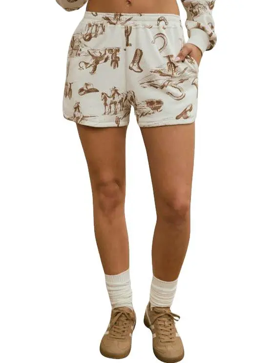 J.O.A. Western Graphic Cotton Blend Shorts - Cream Multi