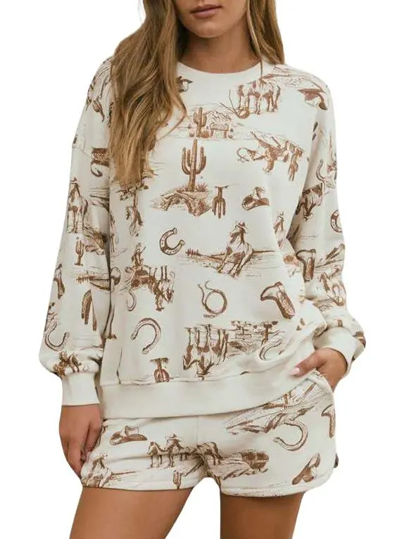 J.O.A. Western Graphic Cotton Blend Top & Shorts Set - Cream Multi