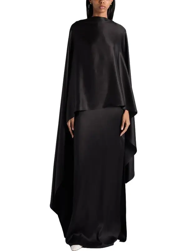 Bottega Veneta Fluid Silk Satin Cape Maxi Dress - Double Black