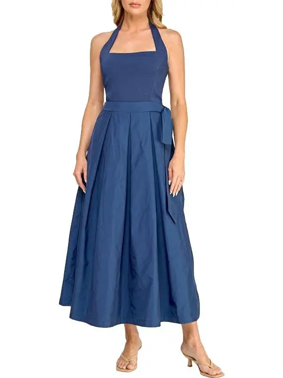 SOCIALITE Halter Neck Mixed Media Midi Dress - Navy