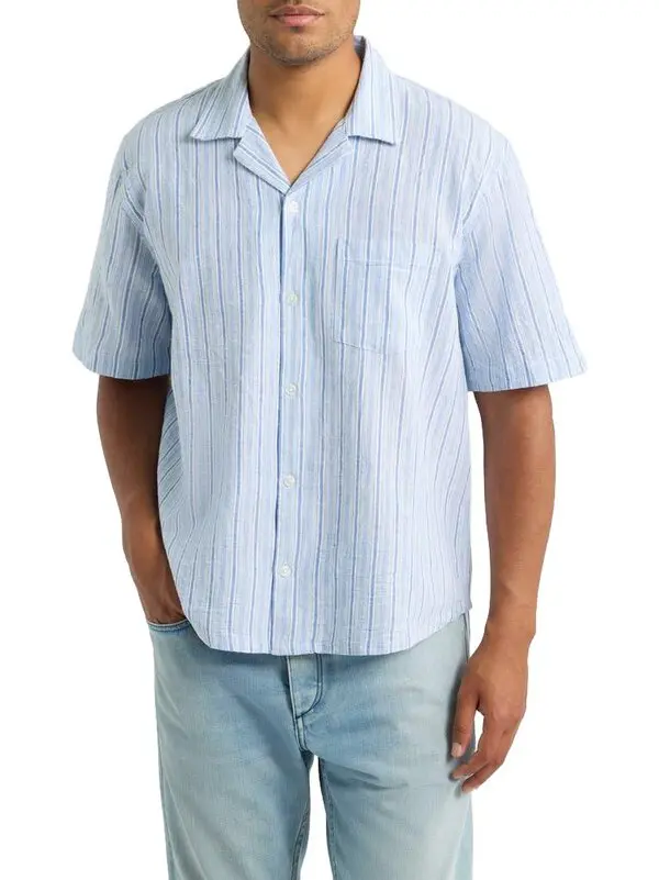 CORRIDOR Stripe Cotton & Linen Camp Shirt - Blu