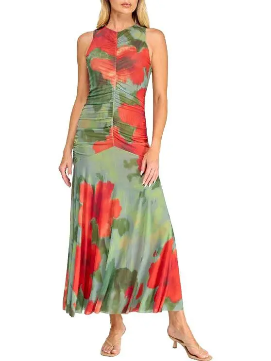 SOCIALITE Ruched Zebra Print Mesh Midi Dress - Green/orange