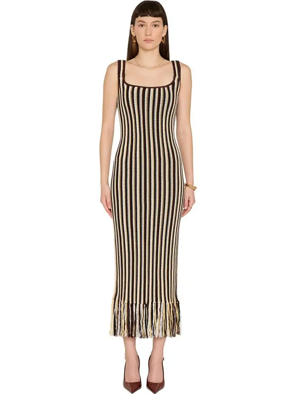 Amanda Uprichard Jolie Crocheted Knit Midi Dress With Fringe Hem - Cocoa Combo