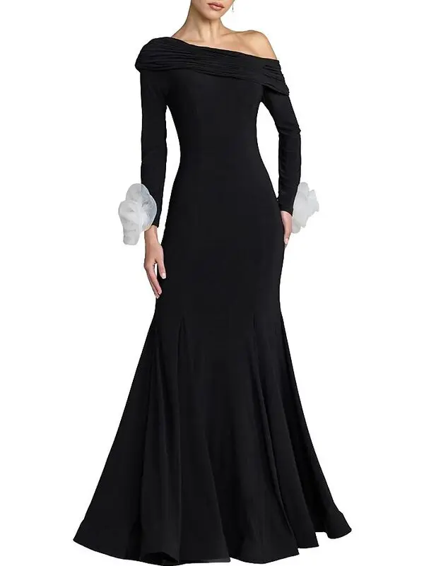 Mac Duggal One Shoulder Long Sleeve Mermaid Gown - Black Ivory