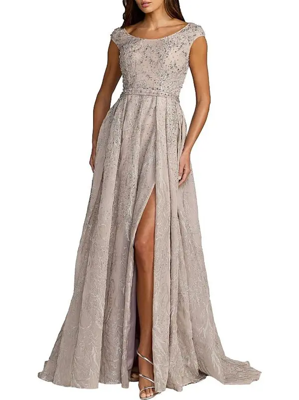 Mac Duggal Embellished Cap Sleeve A-line Gown With Front Slit - Taupe