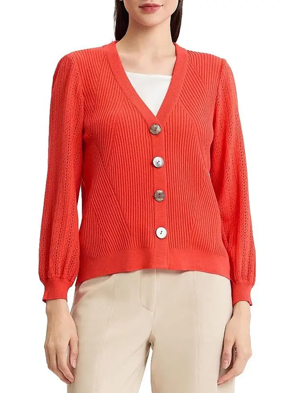 Misook Heritage Pointelle Ribbed Knit Cardigan - Cherry Ember