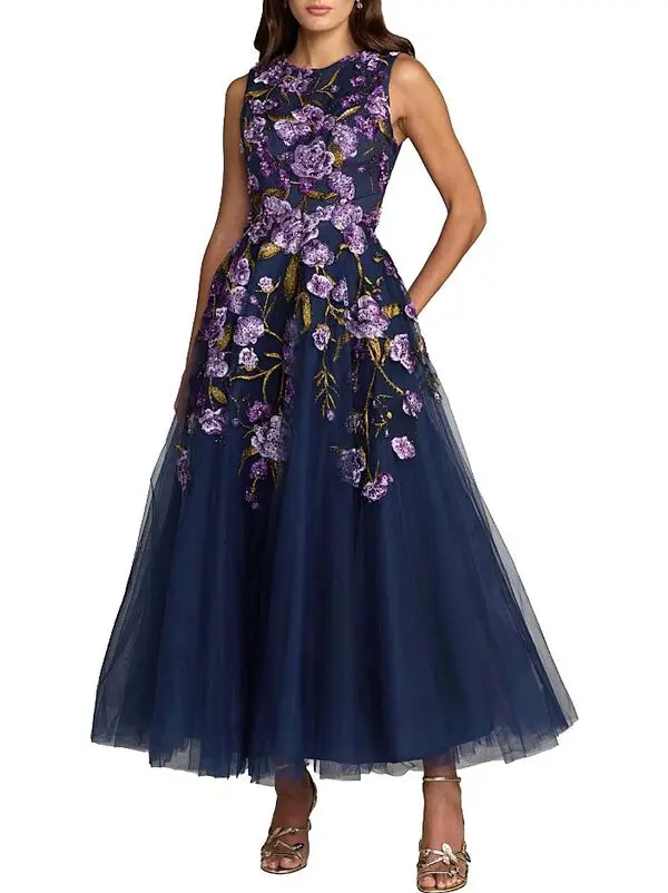 Mac Duggal Embroidered Sleeveless A-line Midi Dress - Midnight Multi
