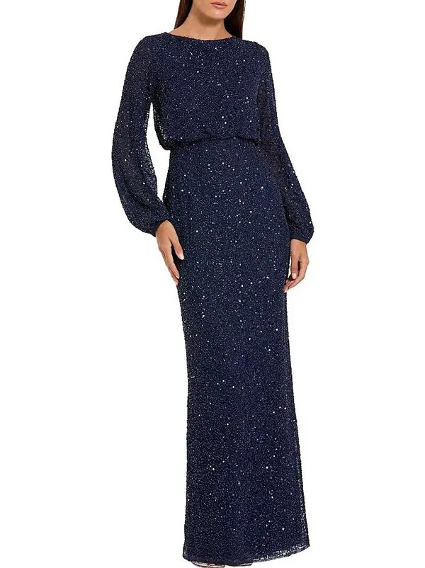 Mac Duggal Sequin Blouson Long Sleeve Gown - Navy