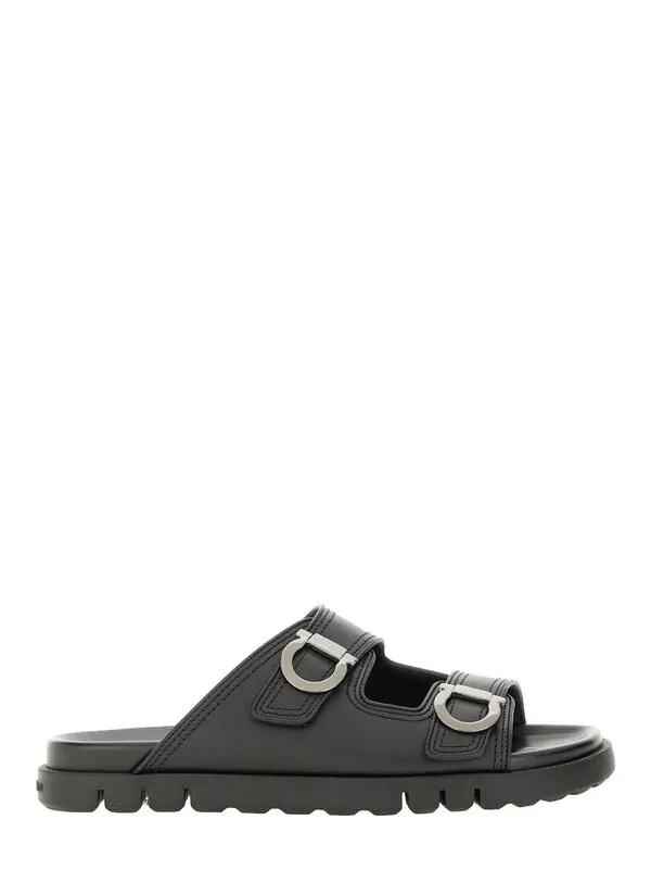 FERRAGAMO Double Strap Gancini Sandals - Black